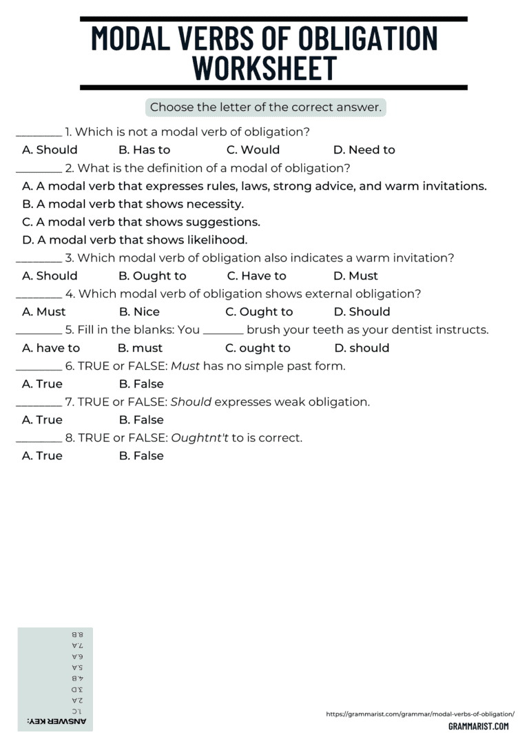 Modal Verbs of Obligation - Examples & Worksheet